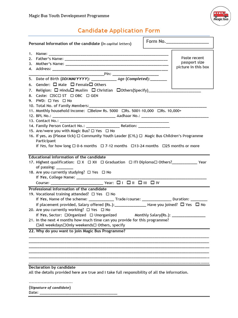 Magic Bus Youth Application Form | PDF