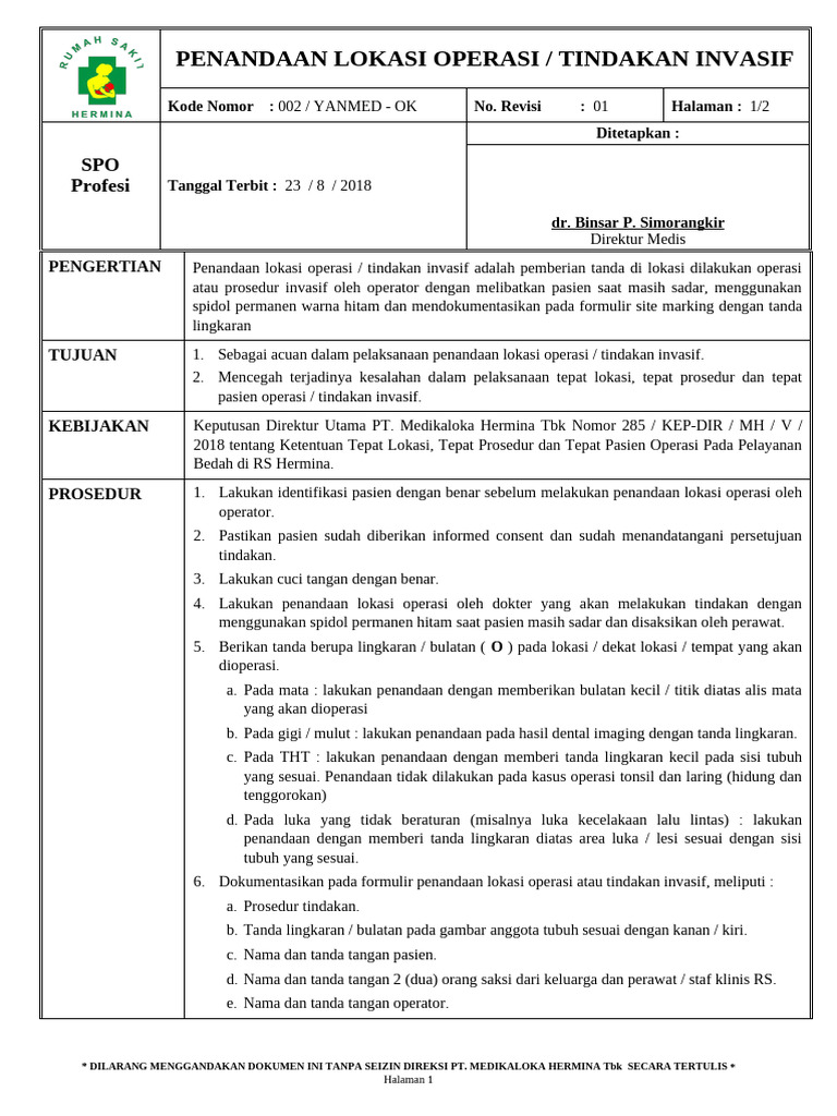 Draft Penandaan Lokasi Operasi Atau Tindakan Invasif (Rev.01,18) | PDF