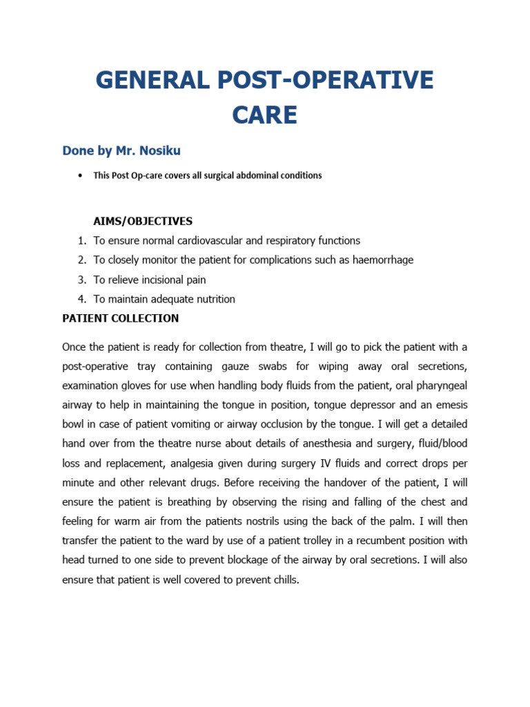 G. POST-OP CARE | PDF | Surgery | Intravenous Therapy