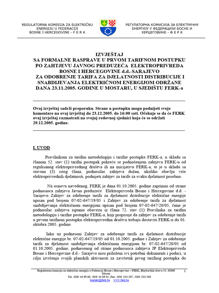 Izvjestaj Za Odobrenje Tarifa Fbih | PDF