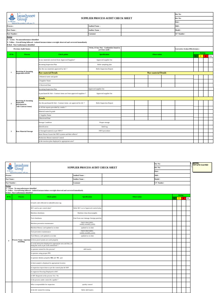 Supplier Process Audit Check Sheet | PDF | Audit