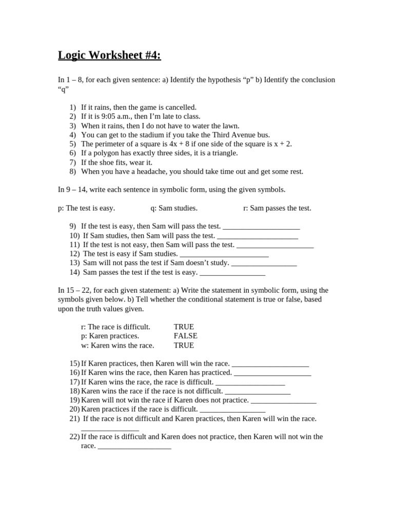 Logic Worksheet #4 | PDF | Logic | If And Only If