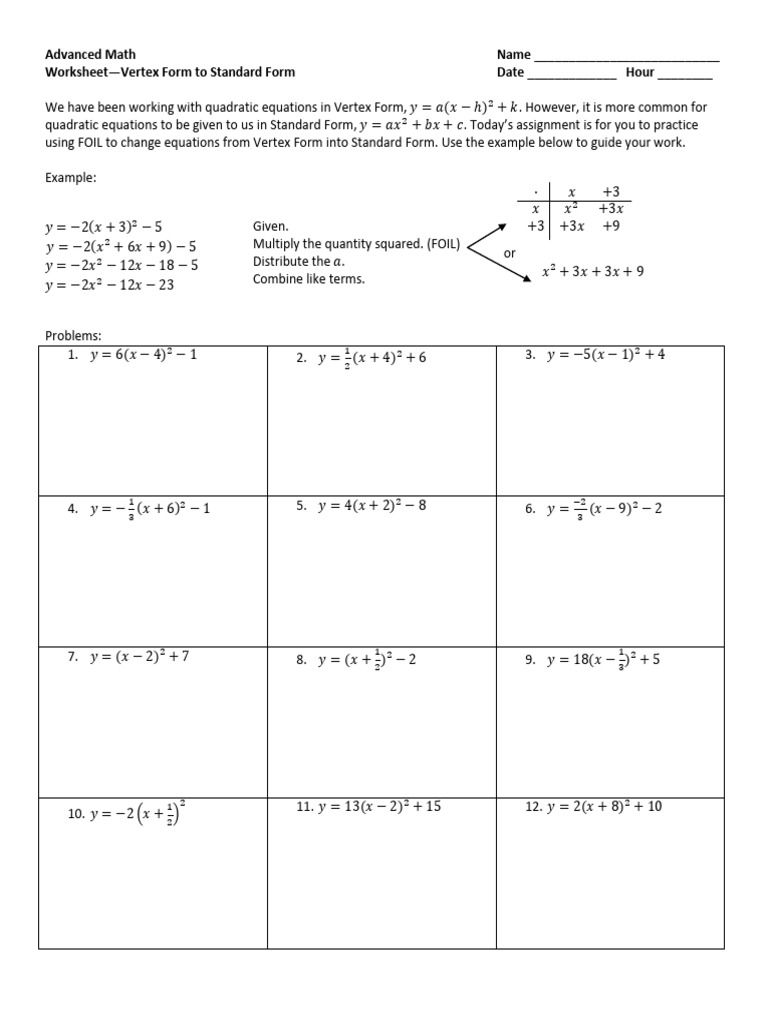 Vertex Form To Standard Form | PDF
