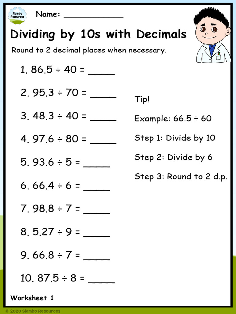 Grade 6 Dividing by 10s With Decimals Worksheet 1 | PDF