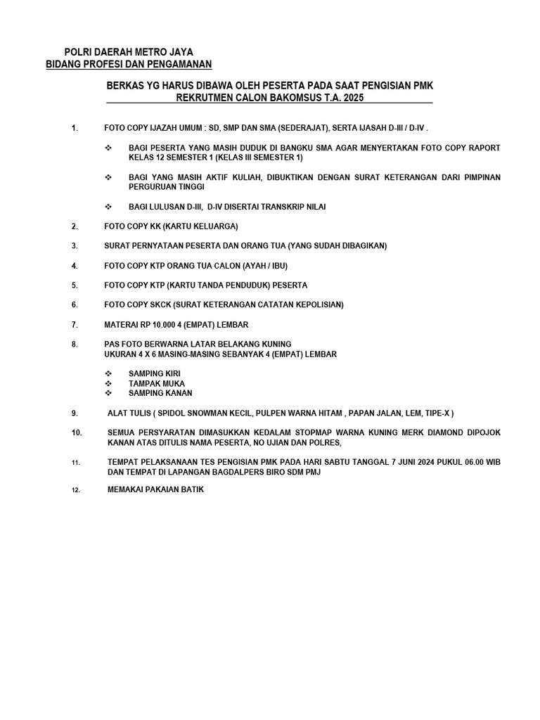 Syarat Berkas Peserta Bakomsus T.A. 2025 | PDF