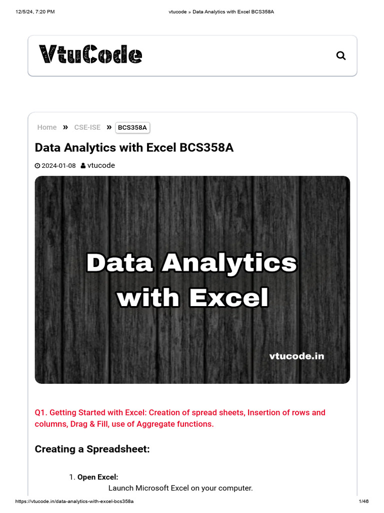 Vtucode Data Analytics With Excel BCS358A | PDF | Microsoft Excel | Spreadsheet