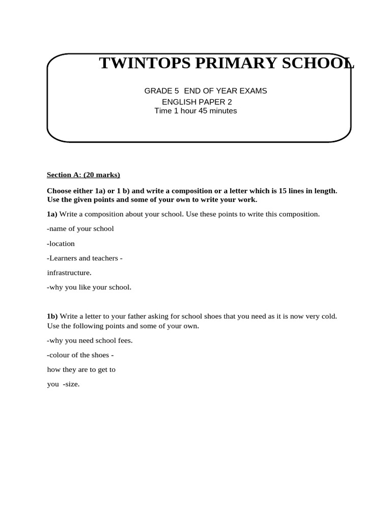 Grade 5 English Paper 2 End of Year Exams 2022 | PDF