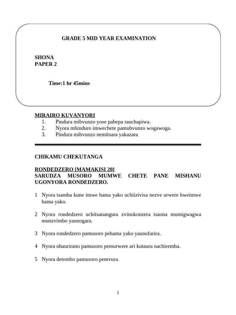 Grade 5 Shona Paper 2 Mid Year 2014 | PDF