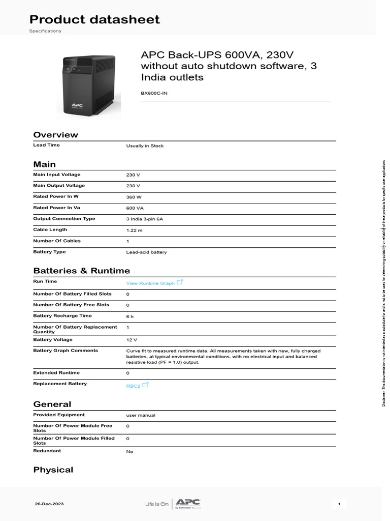 APC BX600C-IN UPS Specifications | PDF | Mains Electricity ...