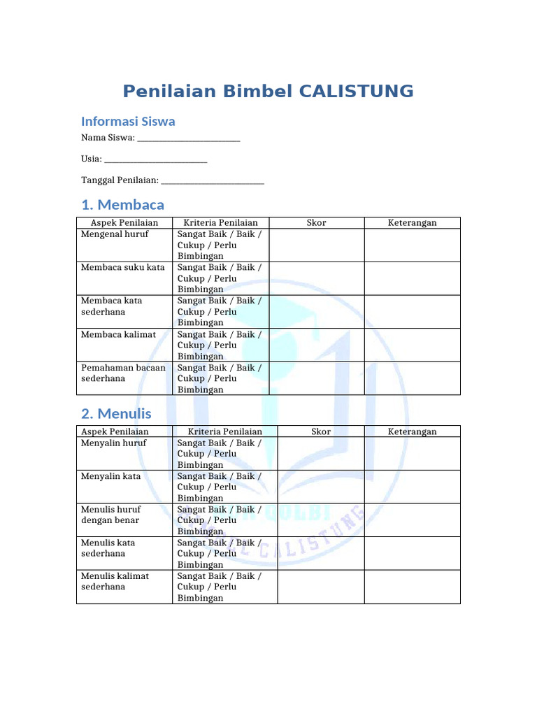 Format - Penilaian - Bimbel - CALISTUNG (1) Ok | PDF