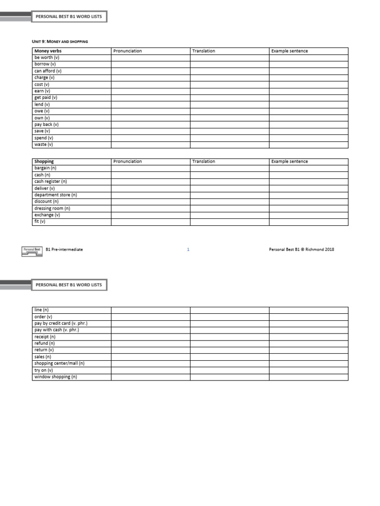 PB AmE B1 Word List U9 | PDF