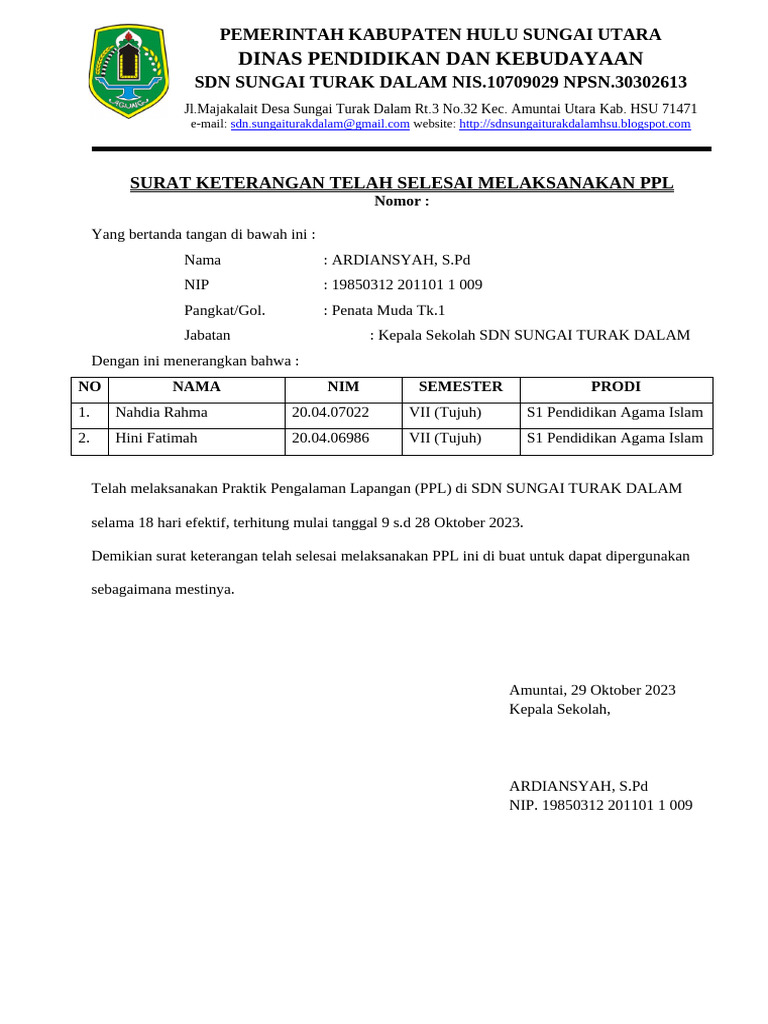 Surat Selesai PPL | PDF
