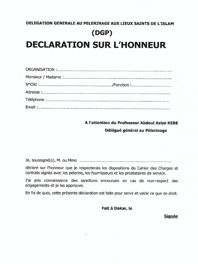 Declaration Honneur Respect CDC | PDF
