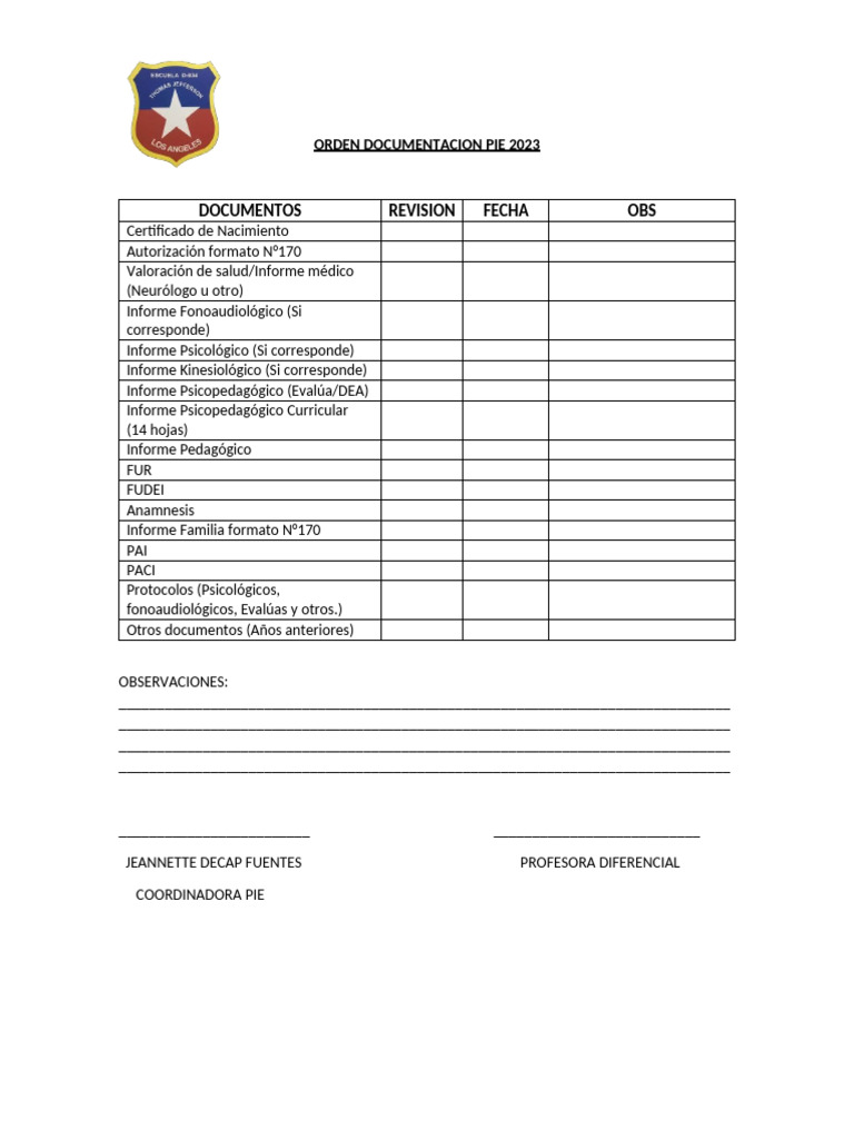 Lista Documentos Pie 2023 | PDF