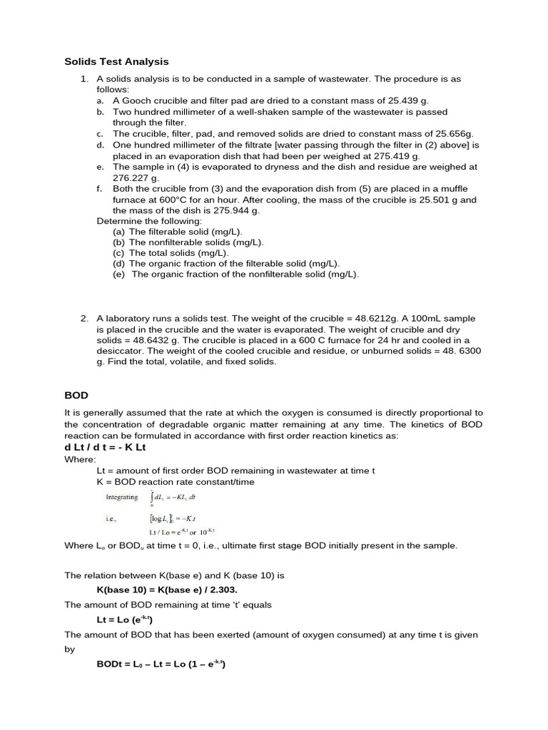 Lecture On Solids Test Analysis and BOD | PDF | Chemistry | Chemical ...