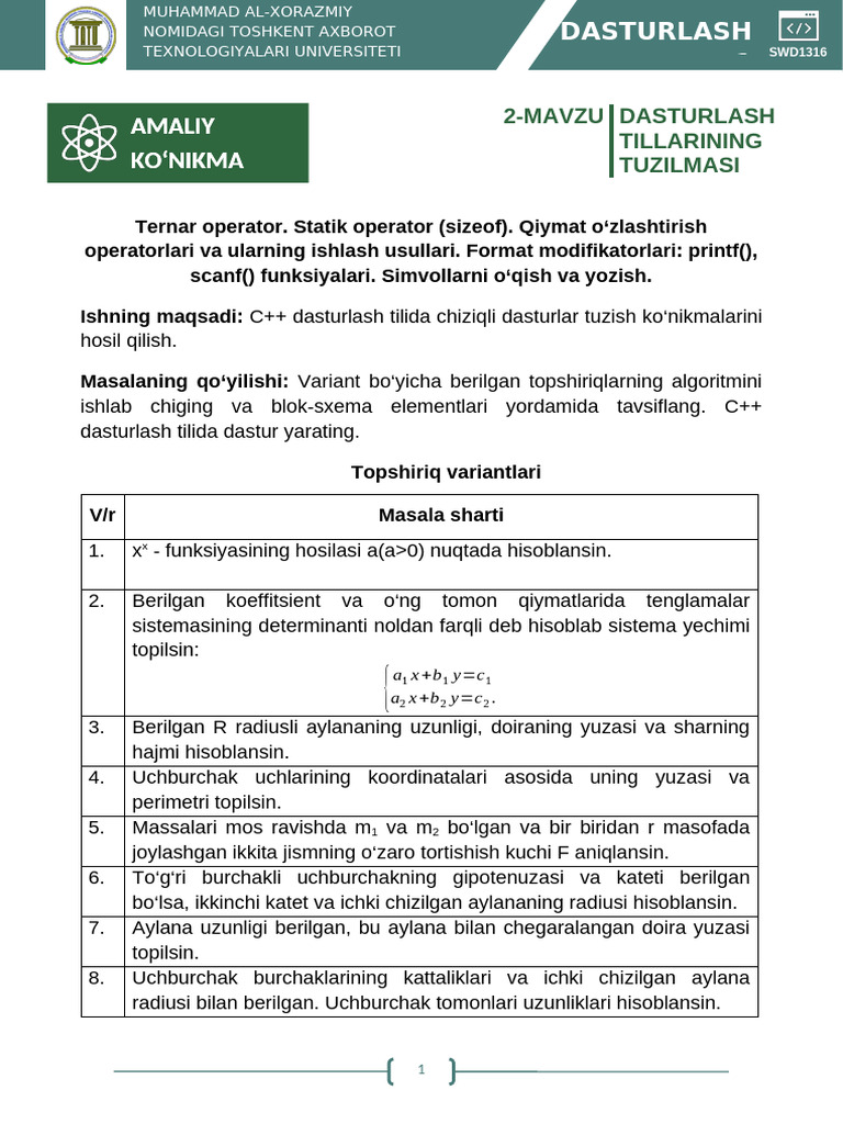 Dasturlash Vazifa | PDF