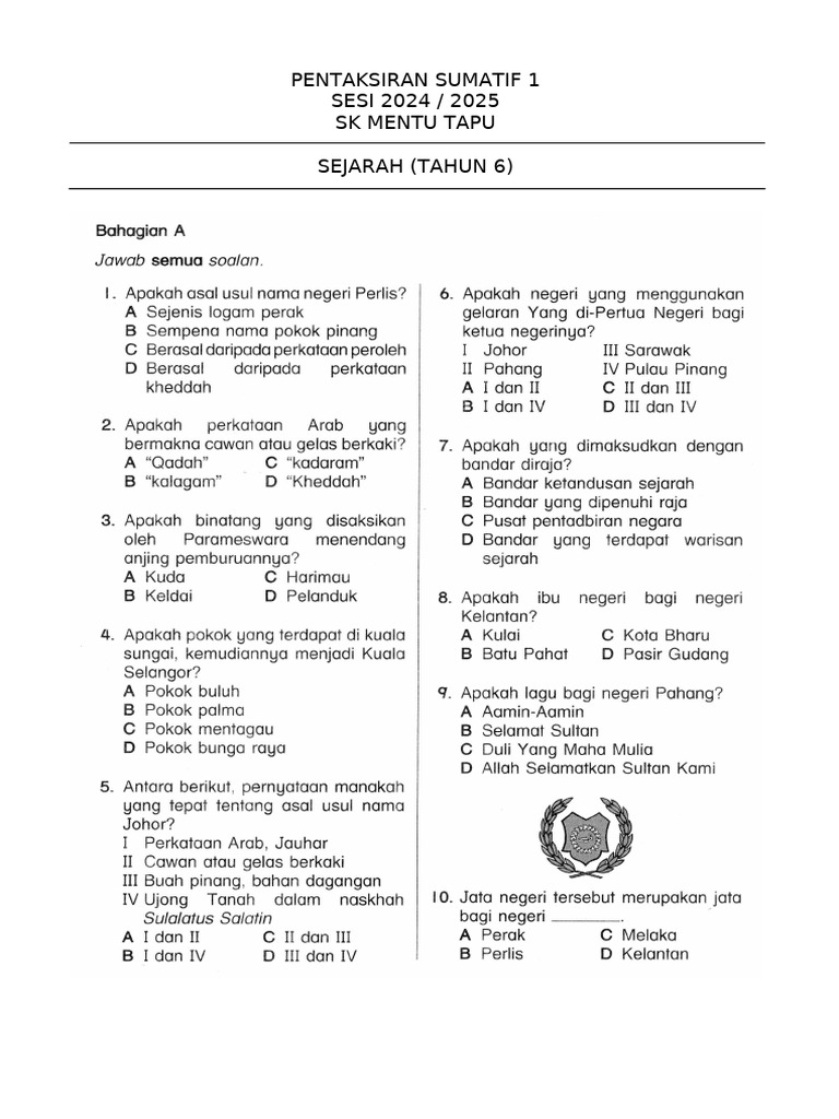 Ujian Sumatif 1 Sej Tahun 6 | PDF
