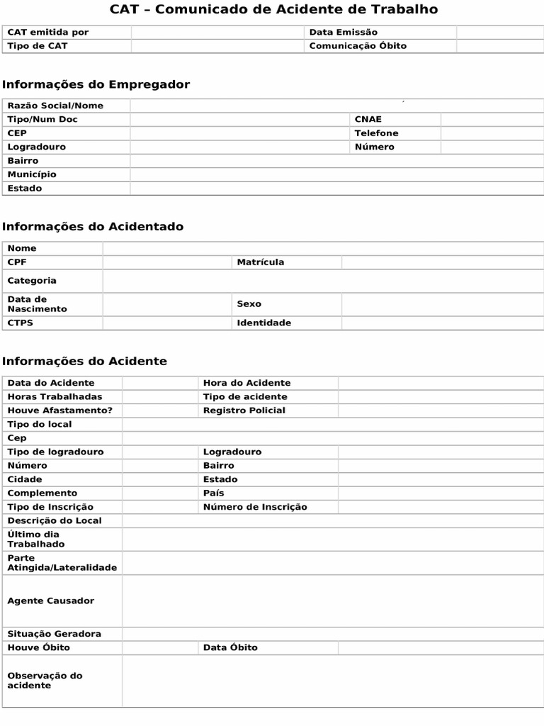 CAT - Comunicado de Acidente de trabalho | PDF