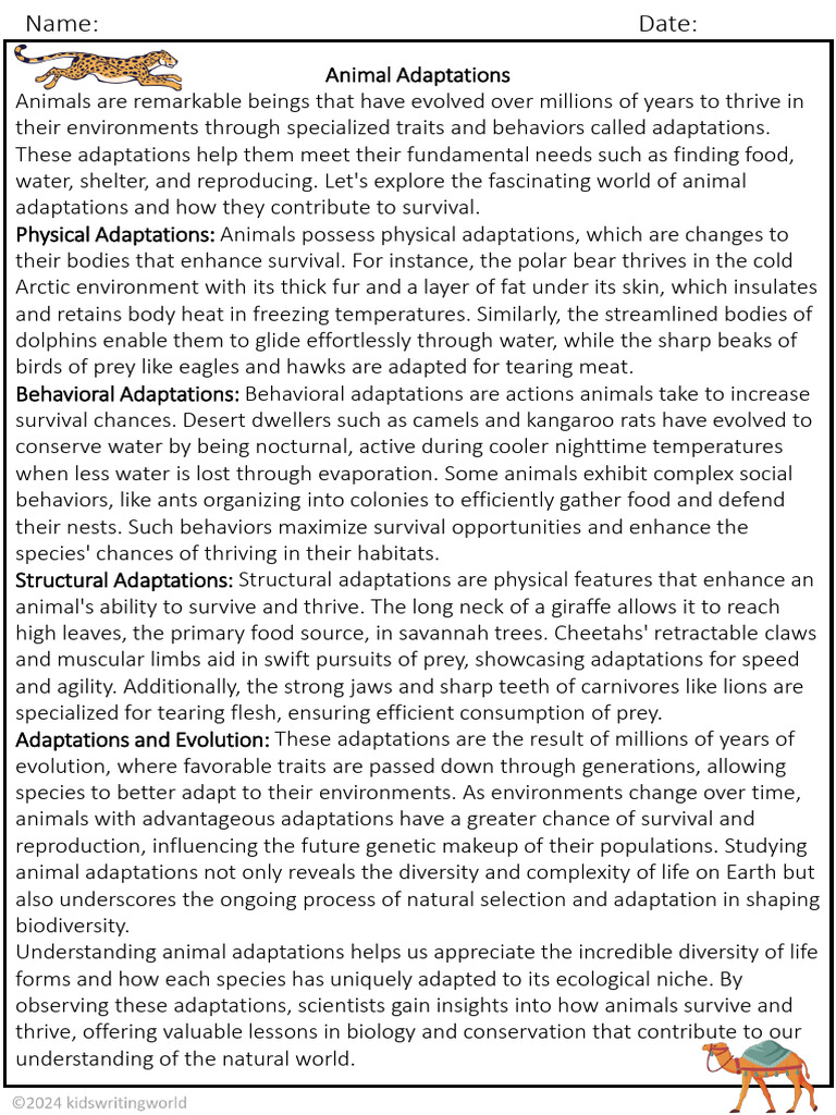 Grade 6 7 Reading Comprehension Animal Adaptations | PDF | Adaptation ...