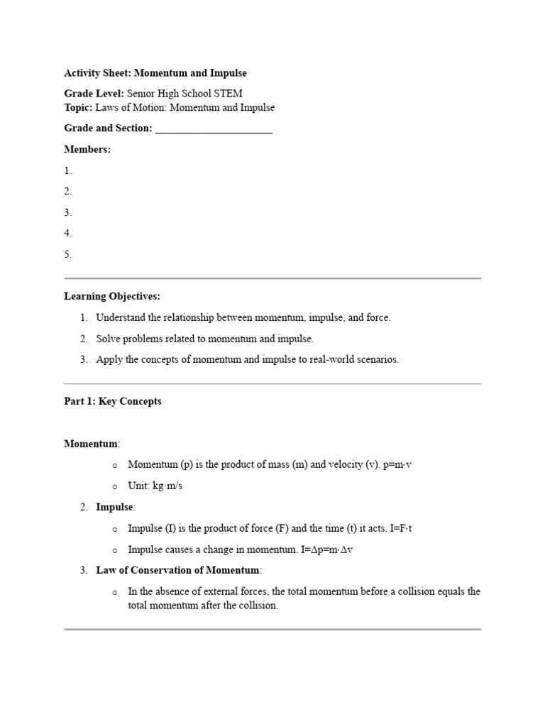 Activity Sheet On Momentum and Impulse | PDF