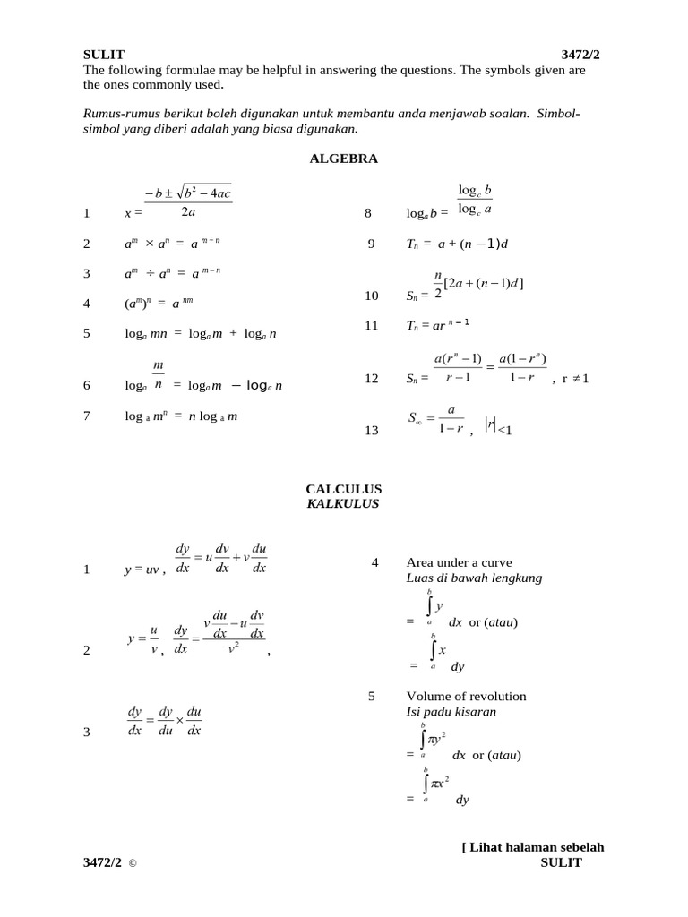 Rumus, Maklumat Kepada Calon Matematik Tambahan Kertas 2 | PDF
