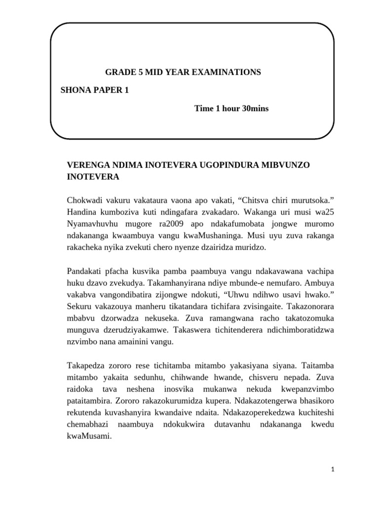 Shona Grade 5 Paper 1 2014 | PDF