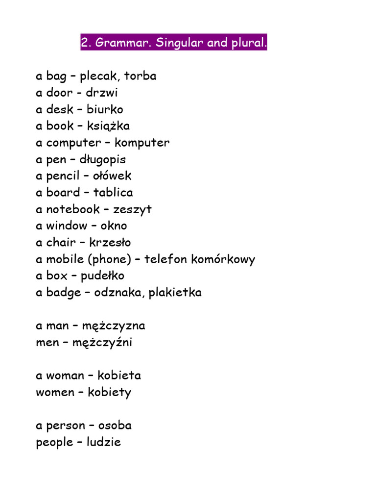 Grammar. Singular and Plural. Słowniczek | PDF