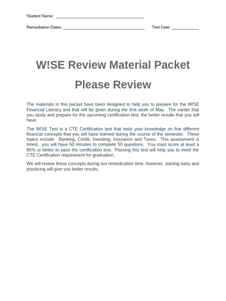 W!SE Review Packet | PDF | Finance & Money Management | Credit