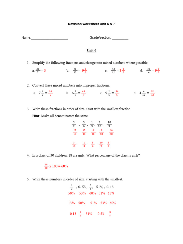 Revision Worksheets Units 6 & 7 - Answer Key | PDF | Area | Division ...