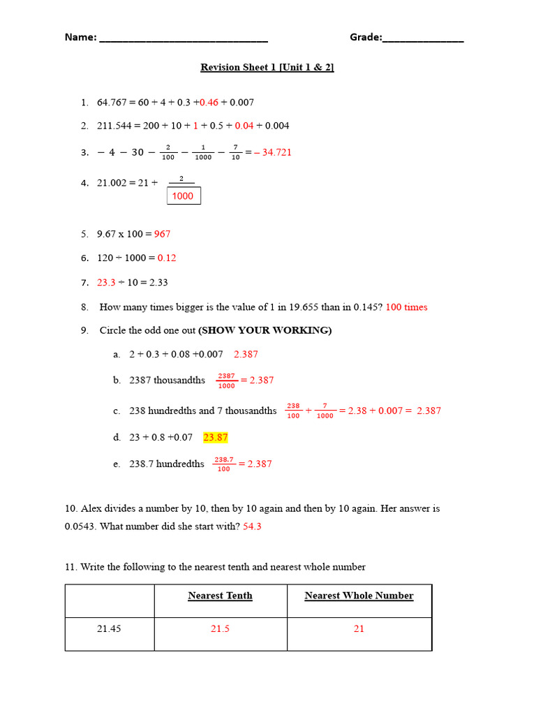 Grade 6 - Revision Sheet Unit 1 & 2 - Answer Key.docx (2) | PDF ...