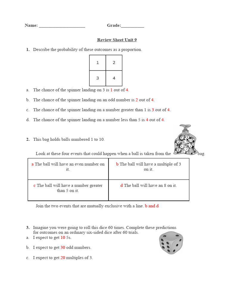Grade 6 - Review Sheet Unit 9 Answer Key - Docx-2 | PDF | Probability
