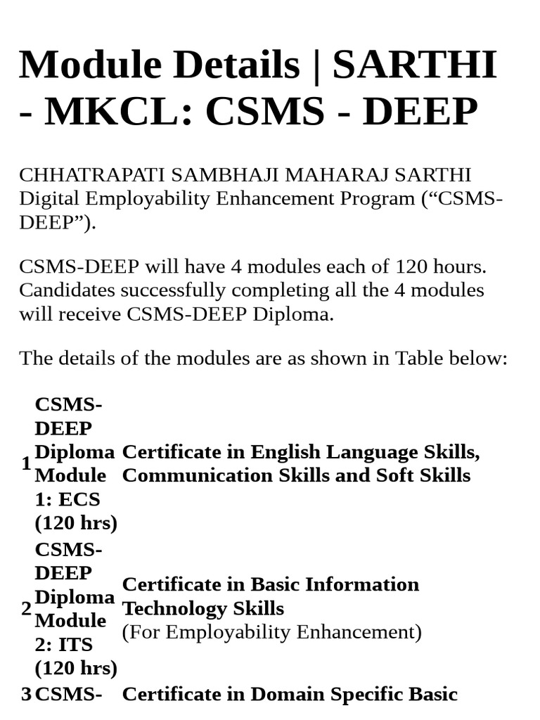 Module Details SARTHI - MKCL CSMS - DEEP | PDF | Computing