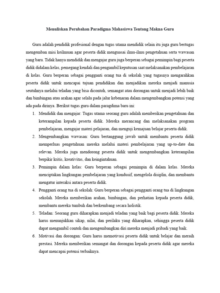 Menuliskan Perubahan Paradigma Mahasiswa Tentang Makna Guru | PDF