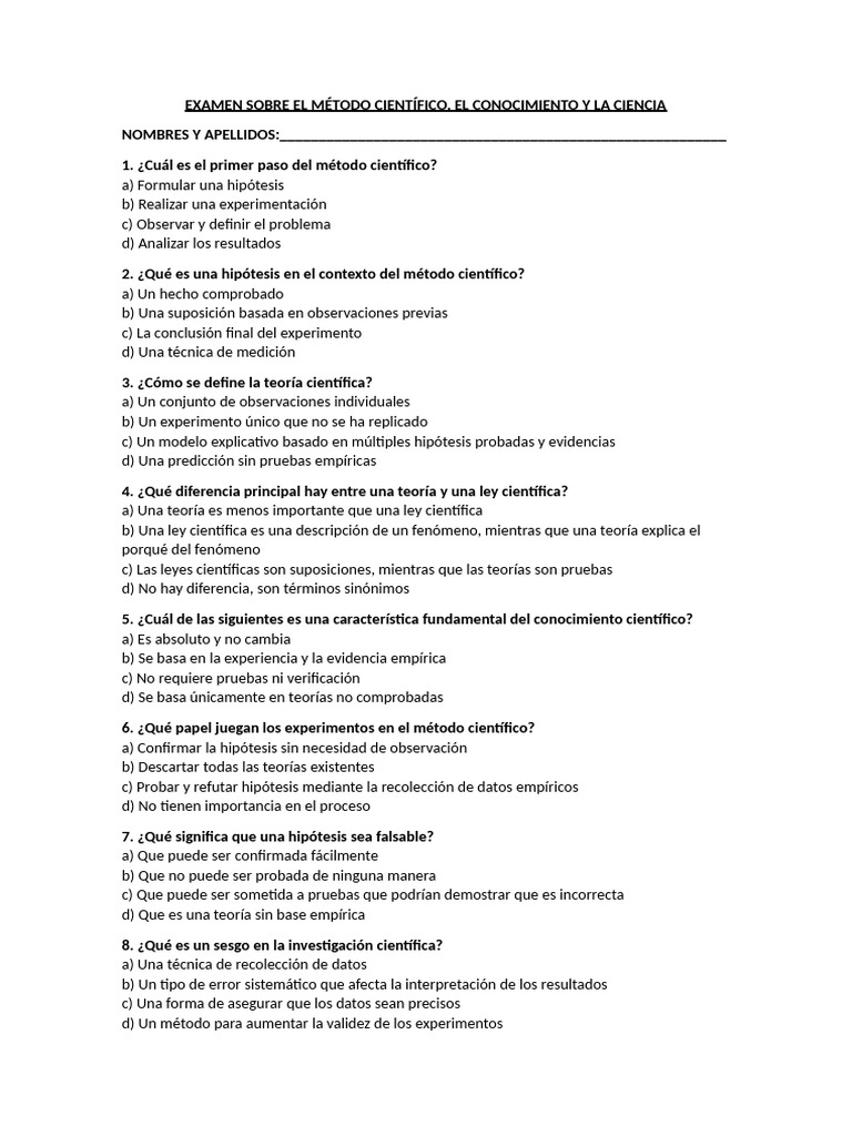 Examen Sobre El Método Científico, Conocimiento y Ciencia | PDF ...