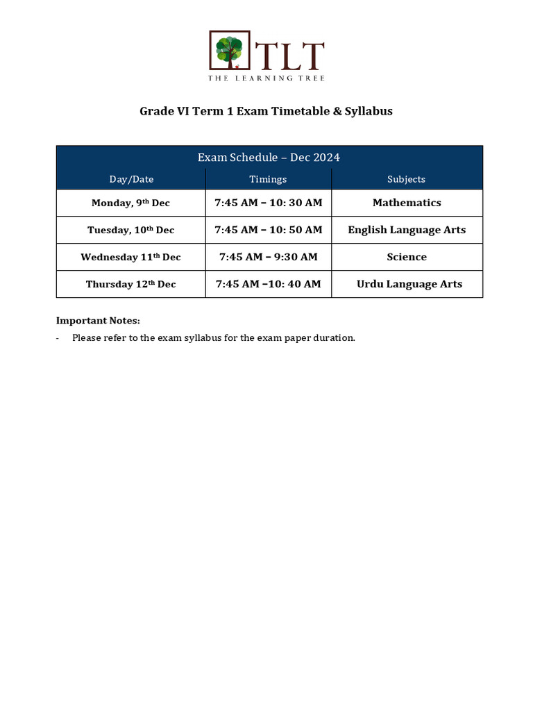 Grade VI - Term 1 Exam Timetable & Syllabus - Dec 2024 | PDF | Reading ...