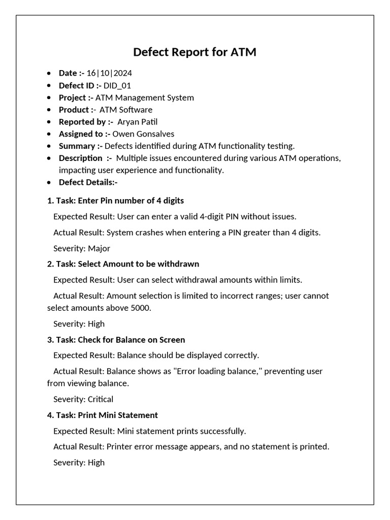 Defect Report for ATM | PDF