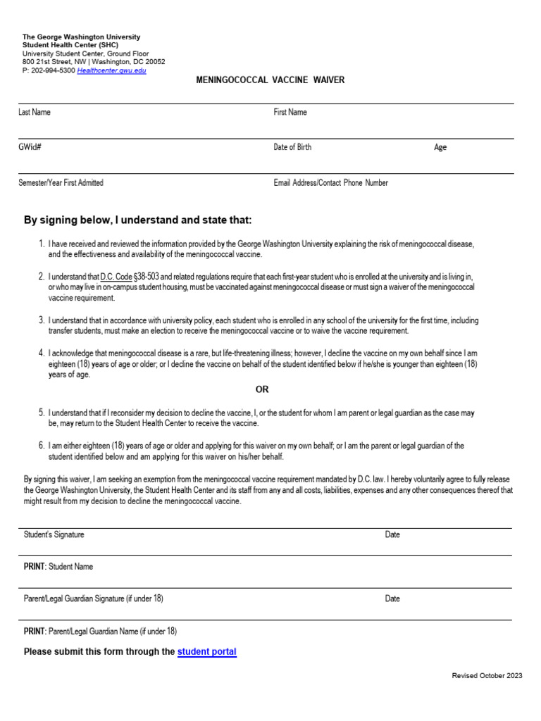 GWU Meningococcal Vaccine Waiver Form | PDF | Vaccines