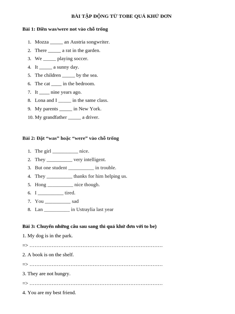 BÀI TẬP ĐỘNG TỪ TOBE QUÁ KHỨ ĐƠN | PDF