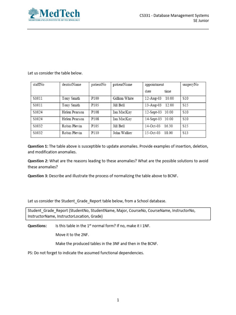 CS331 - Normalization - Exercise Sheet 2 | PDF