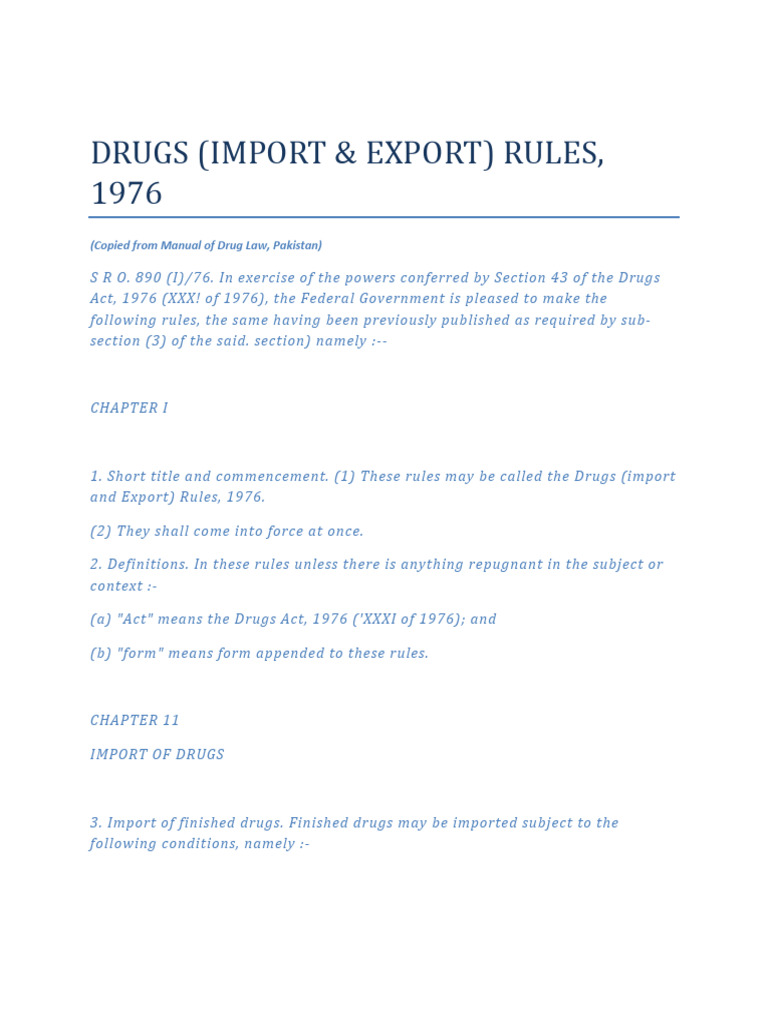Drugs Import & Export Rules 1976 | PDF | License | Customs