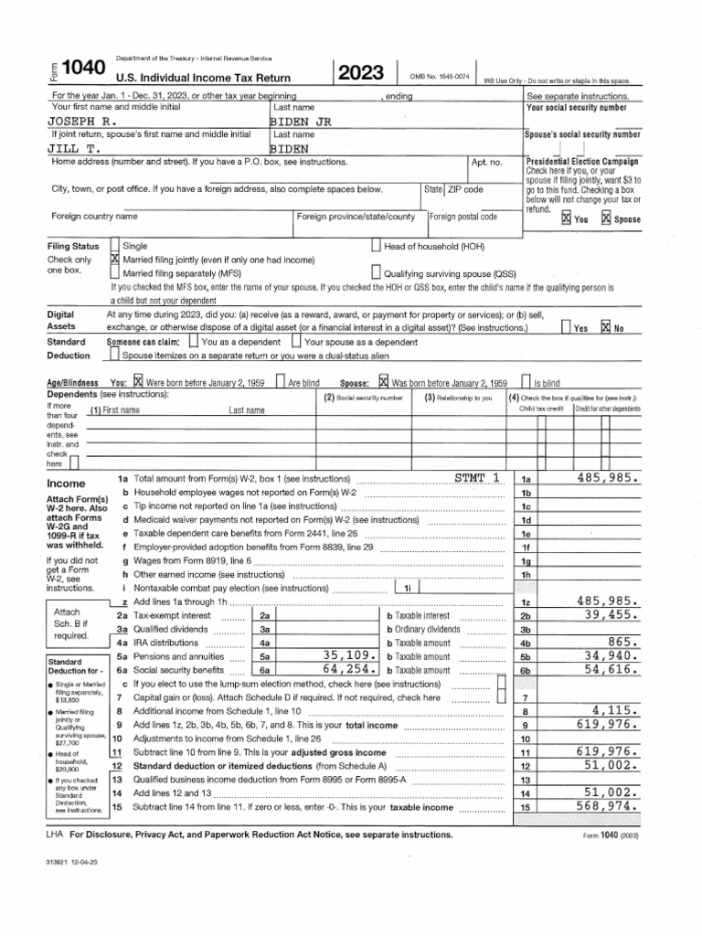 POTUS 2023 Tax Returns SIGNED REDACTED | PDF