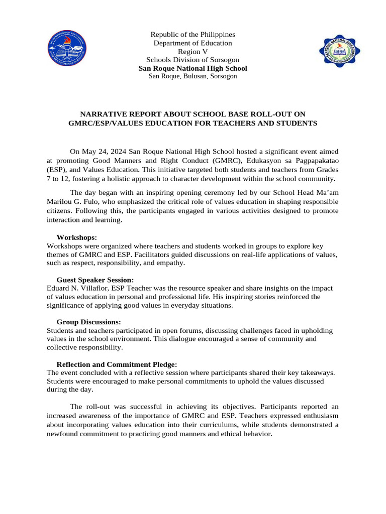 NARRATIVE REPORT | PDF | Teachers | Behavior Modification