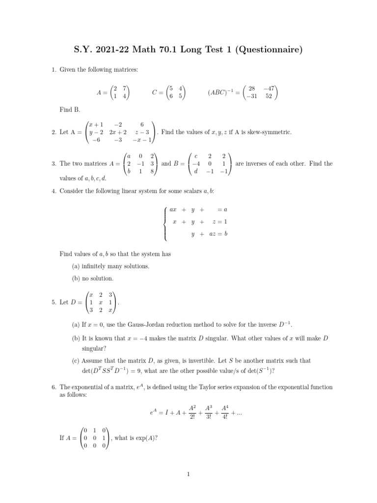 2122 MATH 70.1 LT1 Questionnaire | PDF | Matrix (Mathematics ...