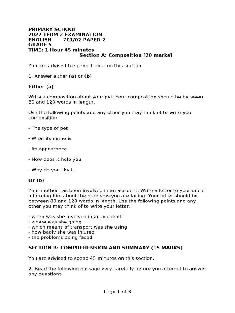 Grade 5 English Term 2 Exam Paper | PDF