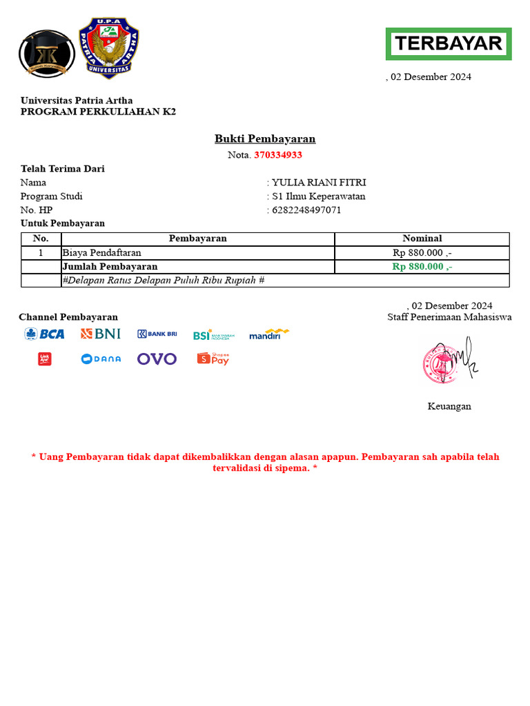 Kuitansi Pembayaran Biaya Kuliah Angsuran Ke 2 Semester 1 YULIA RIANI FITRI | PDF