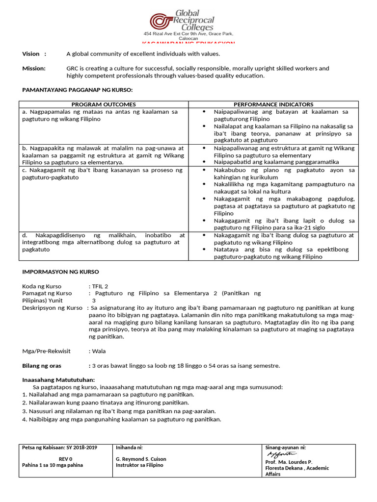 Ino Sa Elementarya Panitikan NG Pilipinas Silabus Final | PDF