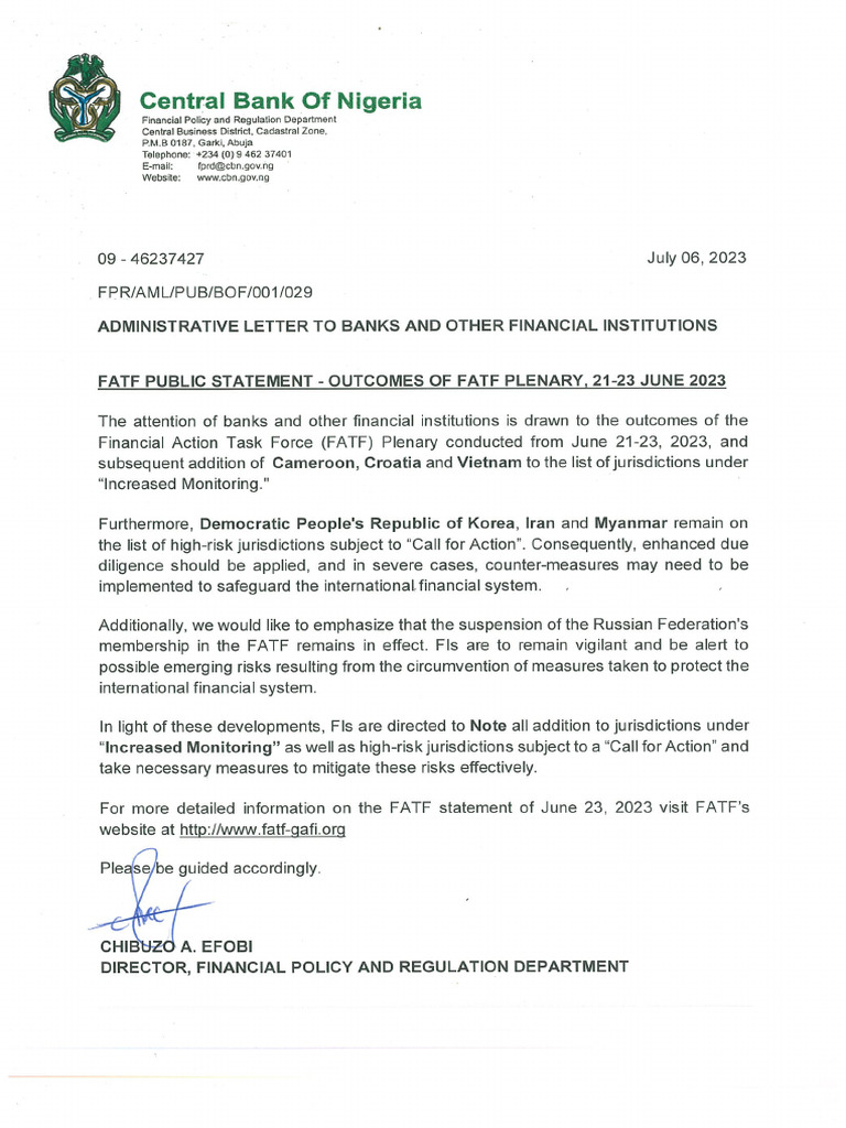 FATF PUBLIC STATEMENT TO BANKS AND OFIS | PDF