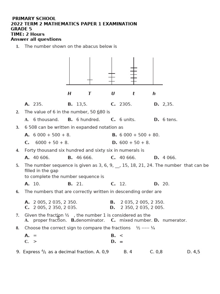 2022 Term 2 Grade 5 Mathematics Paper 1 | PDF | Numbers | Mathematical ...