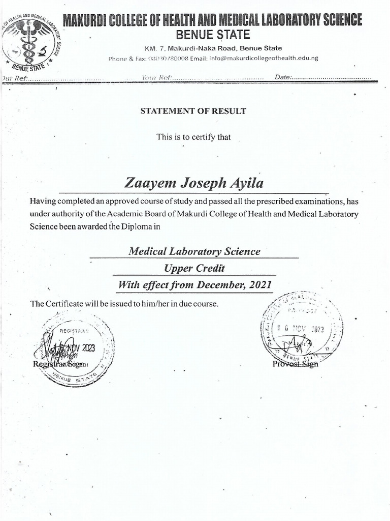 Statement of Result MCHMLS | PDF