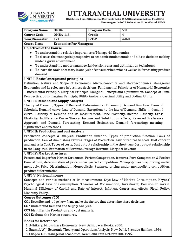 Syllabus - Economics For Manager | PDF | Supply And Demand | Economics